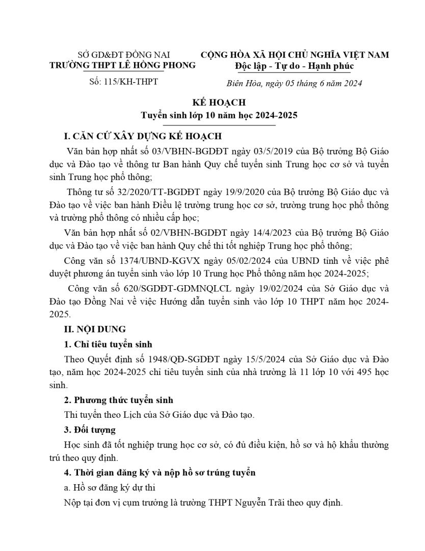 Kế hoạch tuyển sinh lớp 10 - Năm học 2024-2025